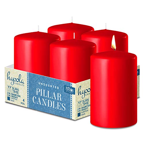 Hyoola Red Pillar Candles 2x3 Inch - Unscented Pillar Candles - Set of 4 - European Made