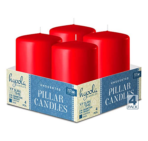 Hyoola Red Pillar Candles 2x3 Inch - Unscented Pillar Candles - Set of 4 - European Made