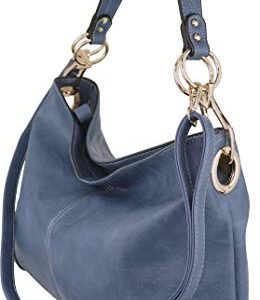 B BRENTANO Vegan Leather Large Hobo Shoulder Bag with Snap Hook Hardware (Denim.)