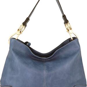 B BRENTANO Vegan Leather Large Hobo Shoulder Bag with Snap Hook Hardware (Denim.)