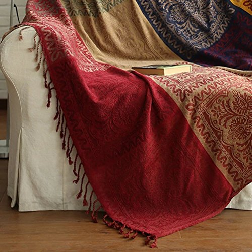 UNIGARDEN Chenille Jacquard Tassels Throw Blanket ，Soft Cozy Reversible Colorfu， Bohemian Throw Blankets Covers for Bed Couch Soft Chair （Tribal Pattern/B, Medium 60 inches x 75 inches）