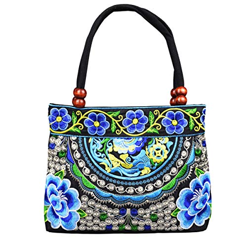 Women's Unique Vintage Hobo Tote Bags Embroidered Floral Shoulder Handbags for lady (APPLE-BLUE), Medium