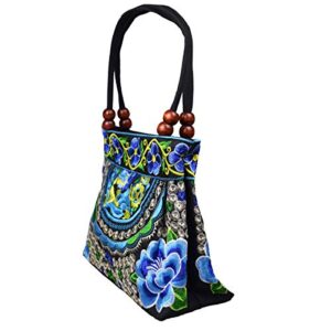 Women's Unique Vintage Hobo Tote Bags Embroidered Floral Shoulder Handbags for lady (APPLE-BLUE), Medium