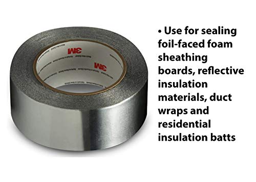 3M Aluminum Foil Tape 3381, 1.88 in x 50 yd, 2.7 mil, Silver, HVAC, Sealing and Patching, Moisture Barrier, Cold Weather, Air Ducts, Foam Sheathing Boards, Insulation, Metal Repair