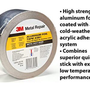 3M Aluminum Foil Tape 3381, 1.88 in x 50 yd, 2.7 mil, Silver, HVAC, Sealing and Patching, Moisture Barrier, Cold Weather, Air Ducts, Foam Sheathing Boards, Insulation, Metal Repair