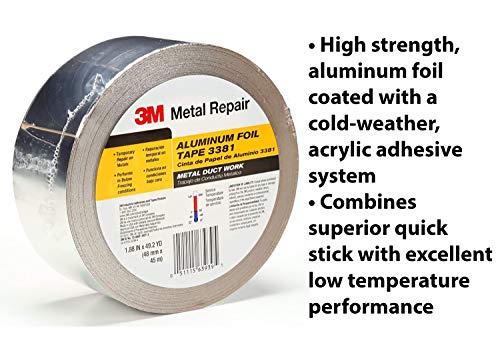 3M Aluminum Foil Tape 3381, 1.88 in x 50 yd, 2.7 mil, Silver, HVAC, Sealing and Patching, Moisture Barrier, Cold Weather, Air Ducts, Foam Sheathing Boards, Insulation, Metal Repair