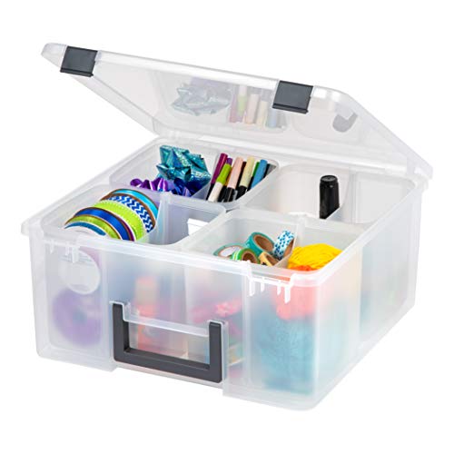 IRIS USA 20 Quart Portable Clear Plastic Storage Bins, Art, Sewing & Craft Organizer Satchel with Handle, Secure Latches, 4 Removable Inner Cups and 4 Dividers, Clear/Black, 1 Pack