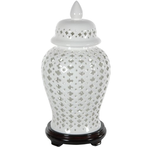 Oriental Furniture 16" Carved Lattice Decorative Temple Jar, White