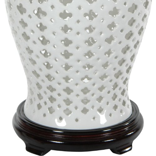 Oriental Furniture 16" Carved Lattice Decorative Temple Jar, White