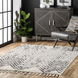 nuloom amanda moroccan chevron tassel shag area rug, 5′ 3″ x 7′ 7″, off-white