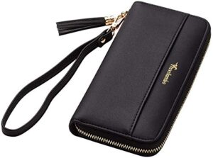 travelambo womens wallet tassel bifold ladies cluth wristlet wrist strap long purse (access black)