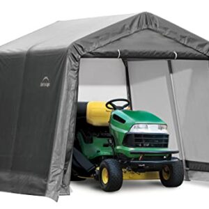 ShelterLogic 10' x 10' Shed-in-a-Box All Season Steel Metal Frame Peak Roof Outdoor Storage Shed with Waterproof Cover and Heavy Duty Reusable Auger Anchors, Grey