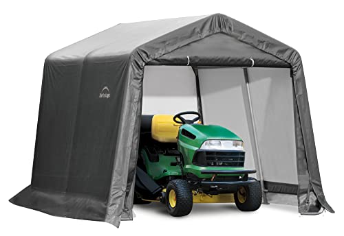 ShelterLogic 10' x 10' Shed-in-a-Box All Season Steel Metal Frame Peak Roof Outdoor Storage Shed with Waterproof Cover and Heavy Duty Reusable Auger Anchors, Grey