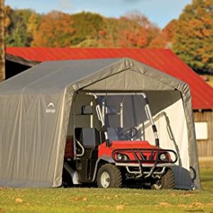 ShelterLogic 10' x 10' Shed-in-a-Box All Season Steel Metal Frame Peak Roof Outdoor Storage Shed with Waterproof Cover and Heavy Duty Reusable Auger Anchors, Grey