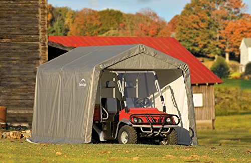 ShelterLogic 10' x 10' Shed-in-a-Box All Season Steel Metal Frame Peak Roof Outdoor Storage Shed with Waterproof Cover and Heavy Duty Reusable Auger Anchors, Grey