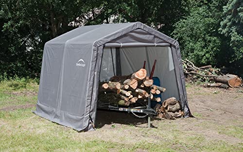 ShelterLogic 10' x 10' Shed-in-a-Box All Season Steel Metal Frame Peak Roof Outdoor Storage Shed with Waterproof Cover and Heavy Duty Reusable Auger Anchors, Grey