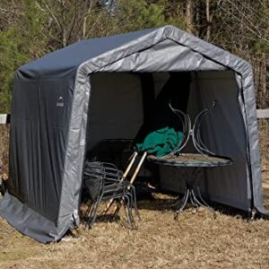 ShelterLogic 10' x 10' Shed-in-a-Box All Season Steel Metal Frame Peak Roof Outdoor Storage Shed with Waterproof Cover and Heavy Duty Reusable Auger Anchors, Grey