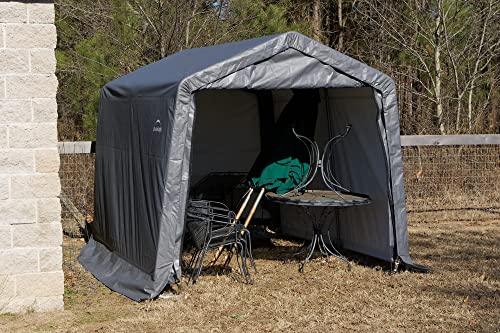 ShelterLogic 10' x 10' Shed-in-a-Box All Season Steel Metal Frame Peak Roof Outdoor Storage Shed with Waterproof Cover and Heavy Duty Reusable Auger Anchors, Grey