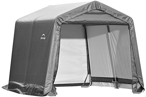 ShelterLogic 10' x 10' Shed-in-a-Box All Season Steel Metal Frame Peak Roof Outdoor Storage Shed with Waterproof Cover and Heavy Duty Reusable Auger Anchors, Grey