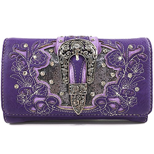 Justin West Tooled Floral Embroidery Buckle Studded Concealed Carry Tote Purse (Purple Wallet Only)