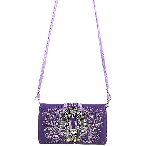 Justin West Tooled Floral Embroidery Buckle Studded Concealed Carry Tote Purse (Purple Wallet Only)