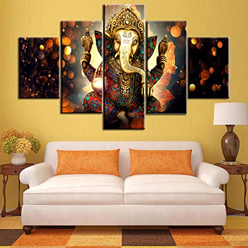 TUMOVO Ganesha Paintings House Decorations Living Room 5 Pieces/Panel Canvas Wall Art Lord Ganesha Pictures Posters and Prints,Modern Artwork Home Decor-with Wooden Frame Ready to Hang(60''Wx40''H)