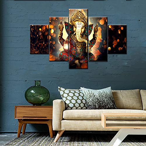 TUMOVO Ganesha Paintings House Decorations Living Room 5 Pieces/Panel Canvas Wall Art Lord Ganesha Pictures Posters and Prints,Modern Artwork Home Decor-with Wooden Frame Ready to Hang(60''Wx40''H)