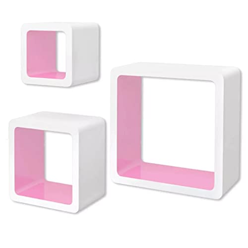 vidaXL 3pc Storage Display Floating Cube Shelves Wall Mount Matte White & Pink