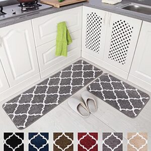 carvapet 2 pieces kitchen rugs and mats set absorbent soft microfiber bath mat moroccan trellis non-slip kitchen mat doormat runner set, 17″x48″+17″x24″, grey