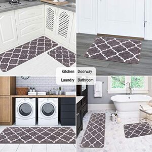 Carvapet 2 Pieces Kitchen Rugs and Mats Set Absorbent Soft Microfiber Bath Mat Moroccan Trellis Non-Slip Kitchen Mat Doormat Runner Set, 17"x48"+17"x24", Grey