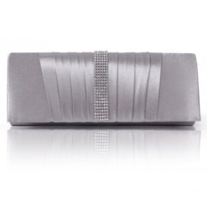 damara womens pleated satin crystal fashion clutch evening bag, grey