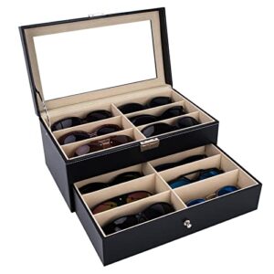 autoark leather 12 piece eyeglasses storage and sunglass glasses display drawer lockable case organizer,black,aw-023