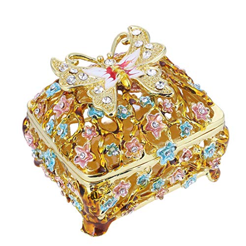 YU FENG Jeweled Butterfly Flower Trinket Boxes Hinged Collectible Decorative Golden Enamel Jewelry Ring Holder Box