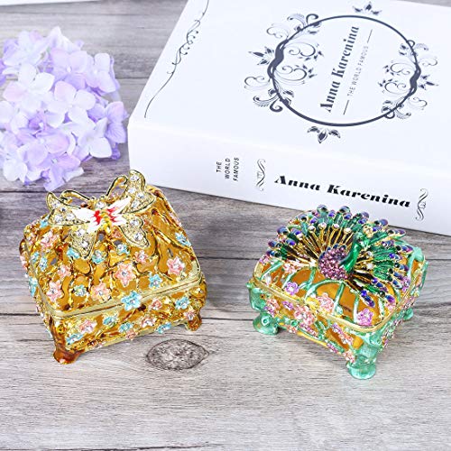 YU FENG Jeweled Butterfly Flower Trinket Boxes Hinged Collectible Decorative Golden Enamel Jewelry Ring Holder Box