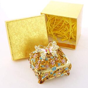 YU FENG Jeweled Butterfly Flower Trinket Boxes Hinged Collectible Decorative Golden Enamel Jewelry Ring Holder Box