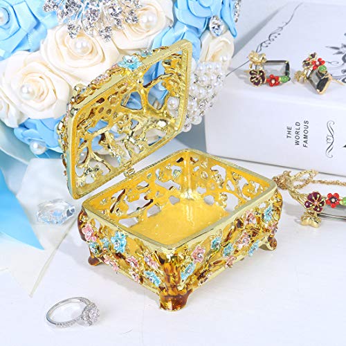 YU FENG Jeweled Butterfly Flower Trinket Boxes Hinged Collectible Decorative Golden Enamel Jewelry Ring Holder Box