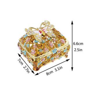 YU FENG Jeweled Butterfly Flower Trinket Boxes Hinged Collectible Decorative Golden Enamel Jewelry Ring Holder Box