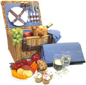 picnic basket set – 2 person picnic hamper set – waterproof picnic blanket ceramic plates metal flatware wine glasses s/p shakers bottle opener blue checked pattern lining picnic set | picnic tote