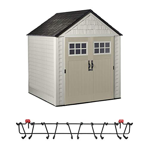 Rubbermaid 7 x 7 Feet Weather Resistant Resin Outdoor Storage Shed + 34 Inch Garden Tool & Sports Storage Rack for Sheds