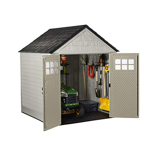 Rubbermaid 7 x 7 Feet Weather Resistant Resin Outdoor Storage Shed + 34 Inch Garden Tool & Sports Storage Rack for Sheds