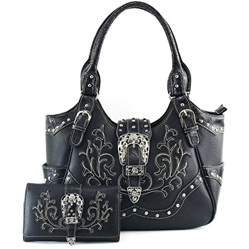 Justin West Tooled Floral Embroidery Buckle Studded Concealed Carry Tote Purse (Black Purse Wallet Set)