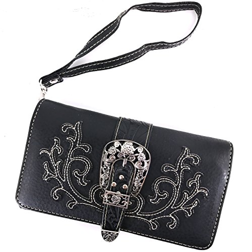 Justin West Tooled Floral Embroidery Buckle Studded Concealed Carry Tote Purse (Black Purse Wallet Set)