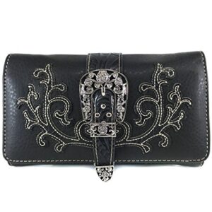 Justin West Tooled Floral Embroidery Buckle Studded Concealed Carry Tote Purse (Black Purse Wallet Set)