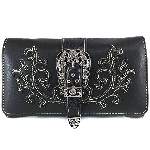 Justin West Tooled Floral Embroidery Buckle Studded Concealed Carry Tote Purse (Black Purse Wallet Set)