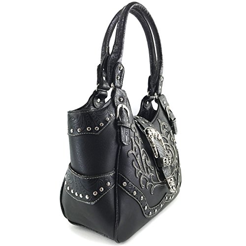 Justin West Tooled Floral Embroidery Buckle Studded Concealed Carry Tote Purse (Black Purse Wallet Set)