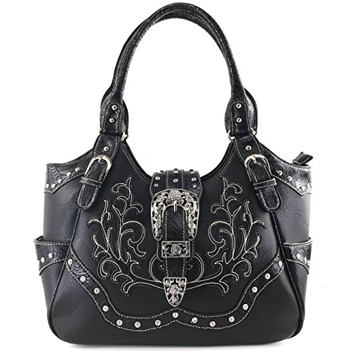 Justin West Tooled Floral Embroidery Buckle Studded Concealed Carry Tote Purse (Black Purse Wallet Set)