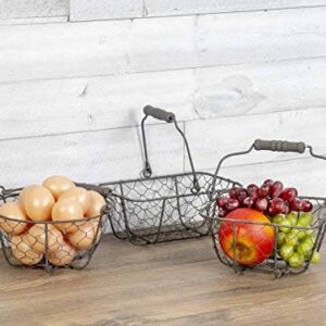 All-Purpose Display Baskets in 3 Shapes, Gray Metal Wire with Wood Handle, Rectangle- 5 Inches, Square- 6.75 Inches and Circle- 7.5 Inches