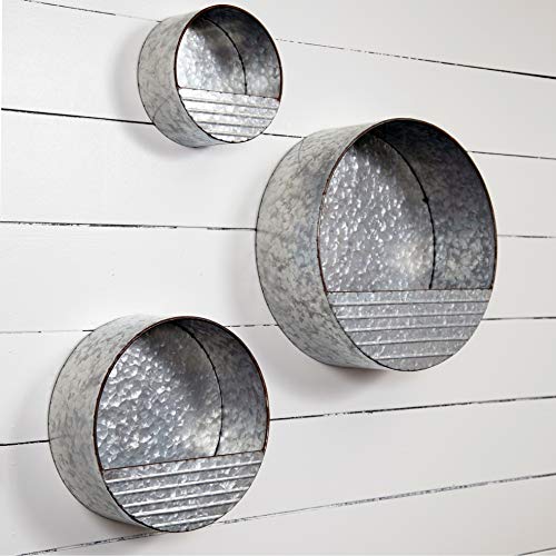 Galvanized Metal Round Hanging Wall Pocket Bins Set of 3 Silver Farmhouse Industrial Rustic Storage