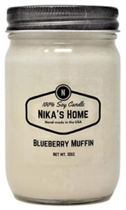 nika’s home blueberry muffin soy candle 12oz mason jar non-toxic white soy candle-hand poured handmade, long burning 50-60 hours highly scented all natural, clean burning candle gift décor