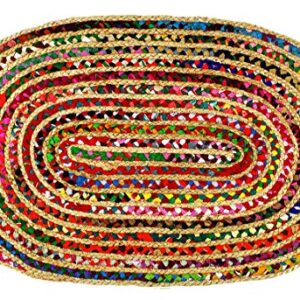 COTTON CRAFT Jute Chindi Braid Rag Rug - Boho Farmhouse Rustic Area Accent Throw Rug - Handwoven Reversible Natural Recycled Cotton- Living Room Den Study Home Décor Gift - 2' x 3' Oval - Multi Color